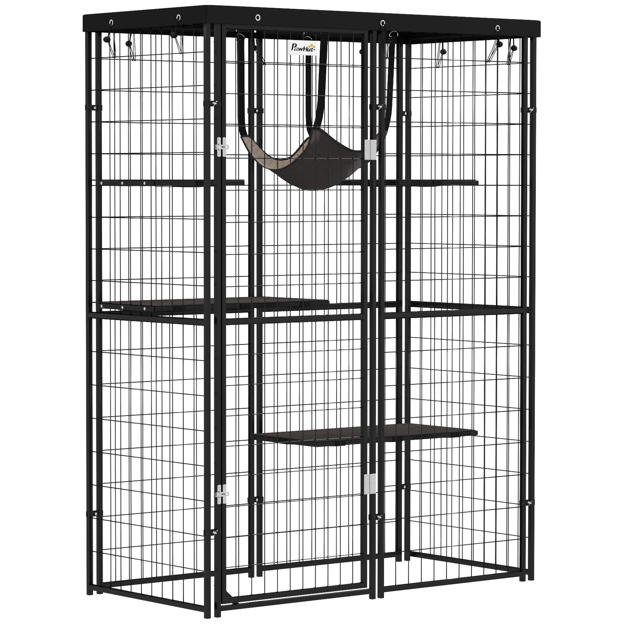 PawHut Metal Catio with 4 Platforms Hammock & Waterproof Cover Black