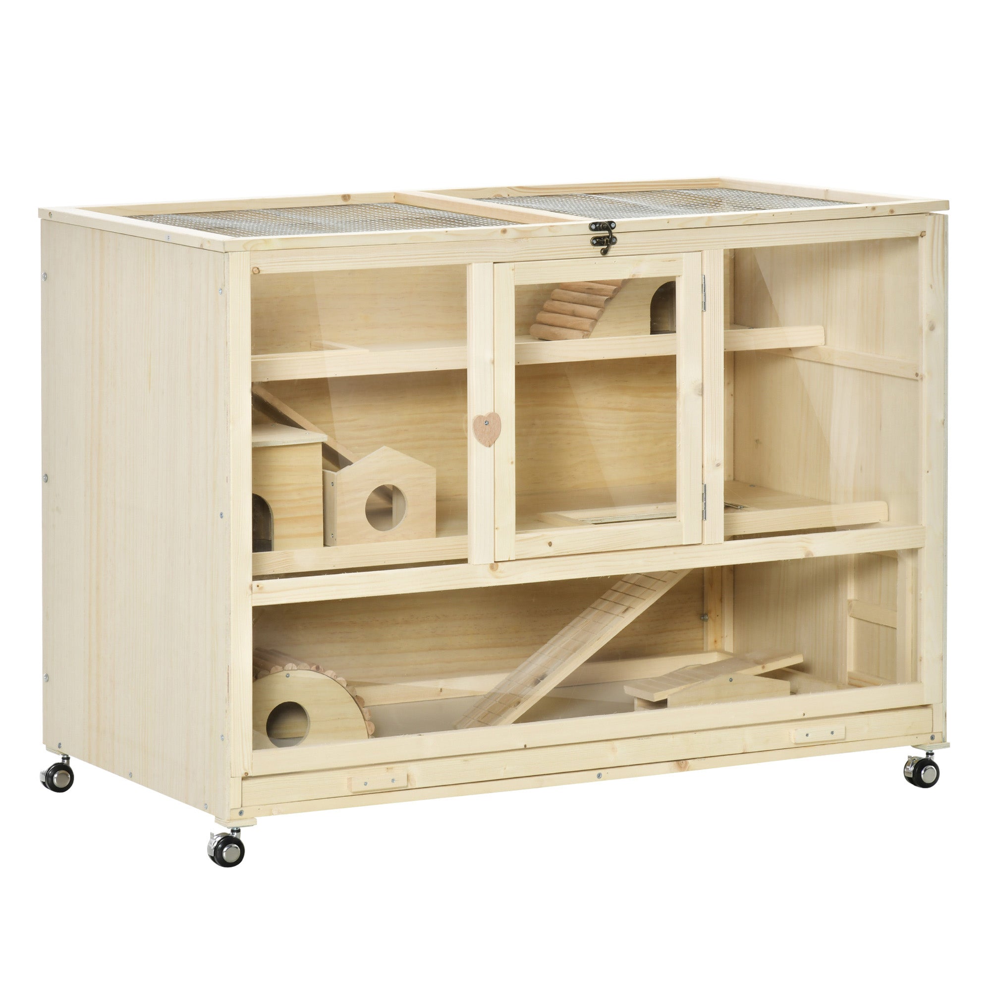 PawHut 3-Tier Wooden Hamster Cage with Openable Roof and Run Natural Wood