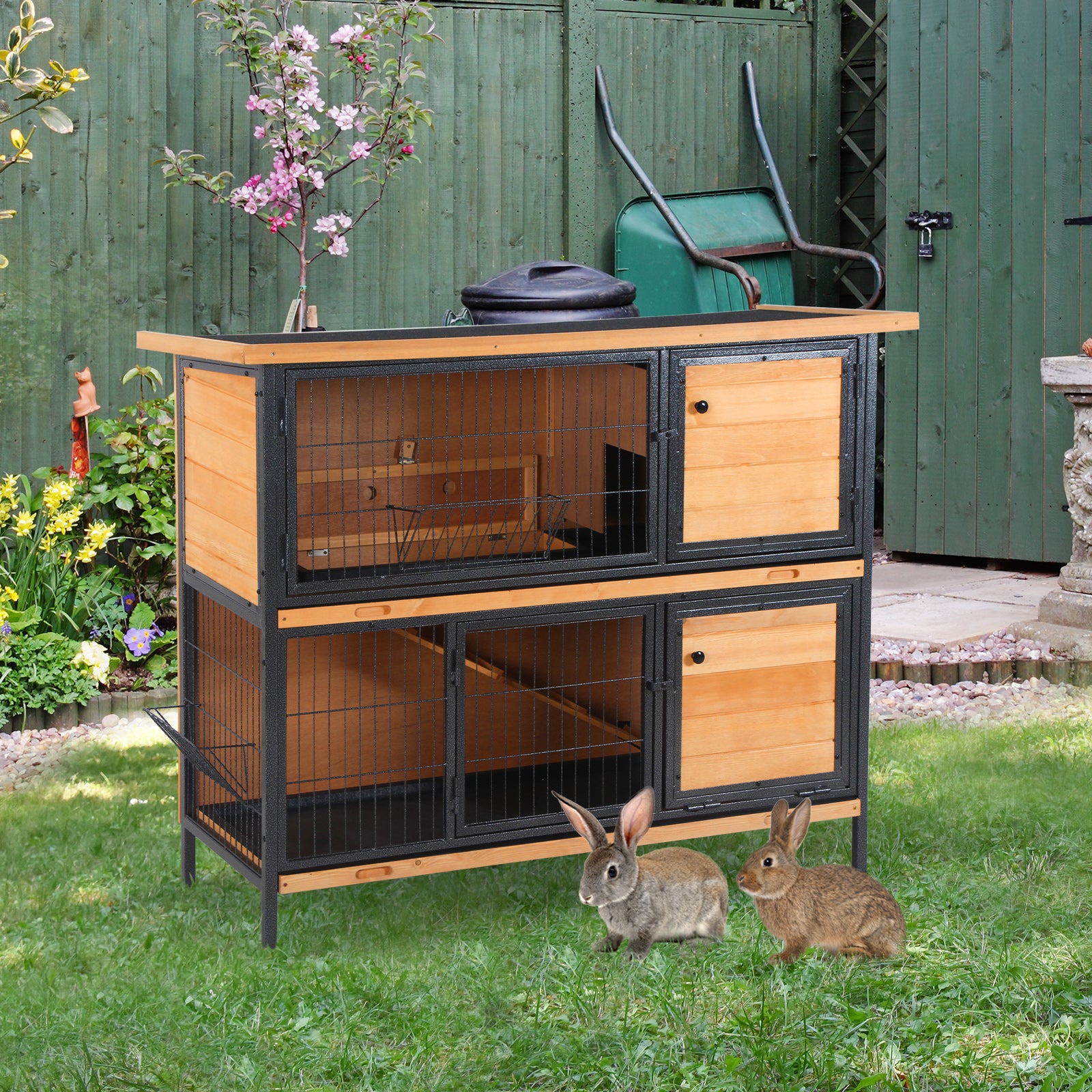 PawHut 48" 2-Story Large Rabbit Hutch Bunny Cage Wooden Pet House Metal ...