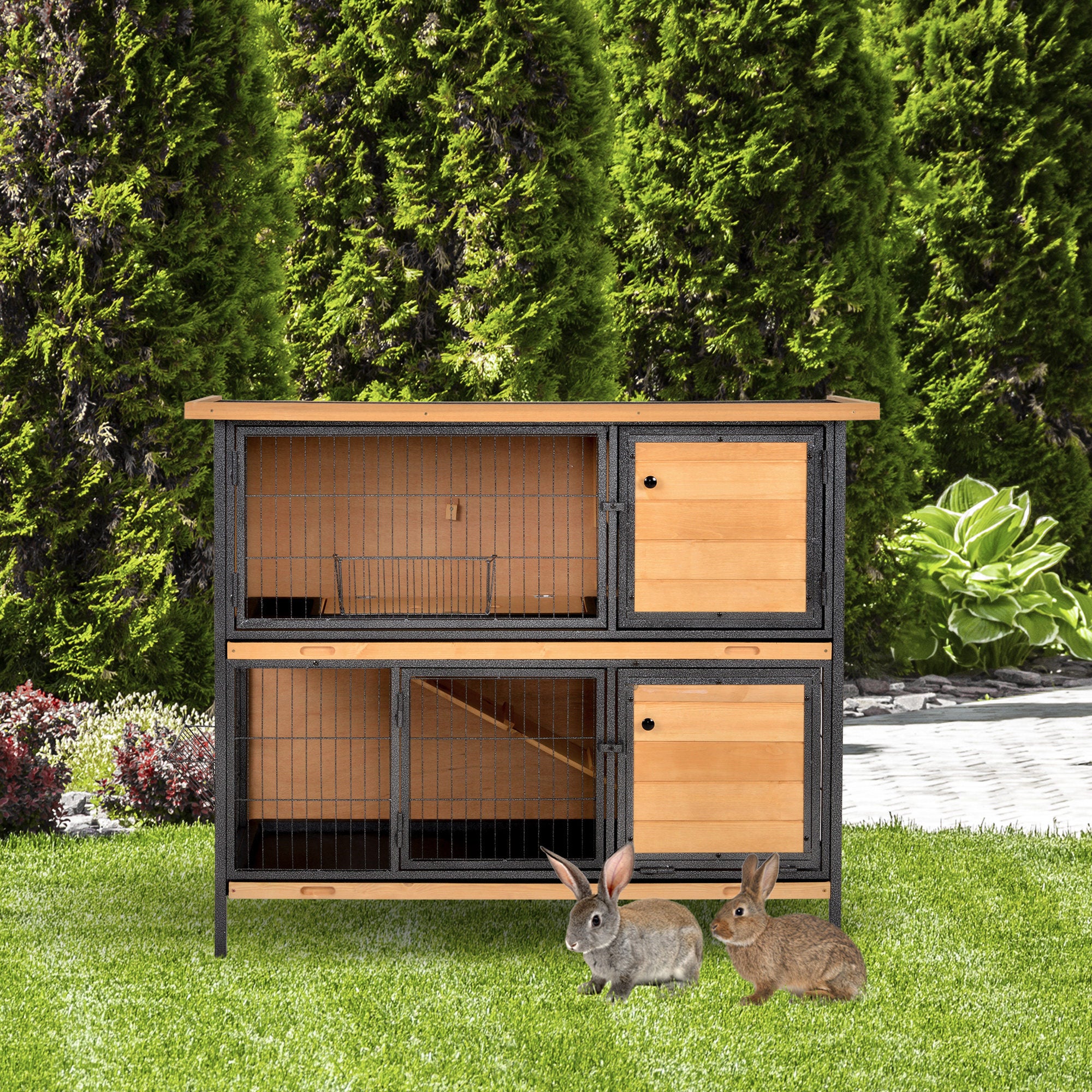 PawHut 48" 2-Story Large Rabbit Hutch Bunny Cage Wooden Pet House Metal ...
