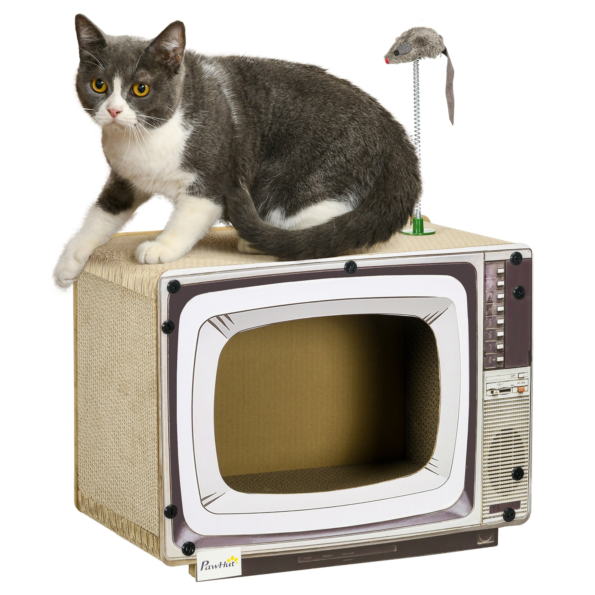 Pawhut Cardboard Cat House with Scratcher, Catnip, TV-Shaped Cat Play ...