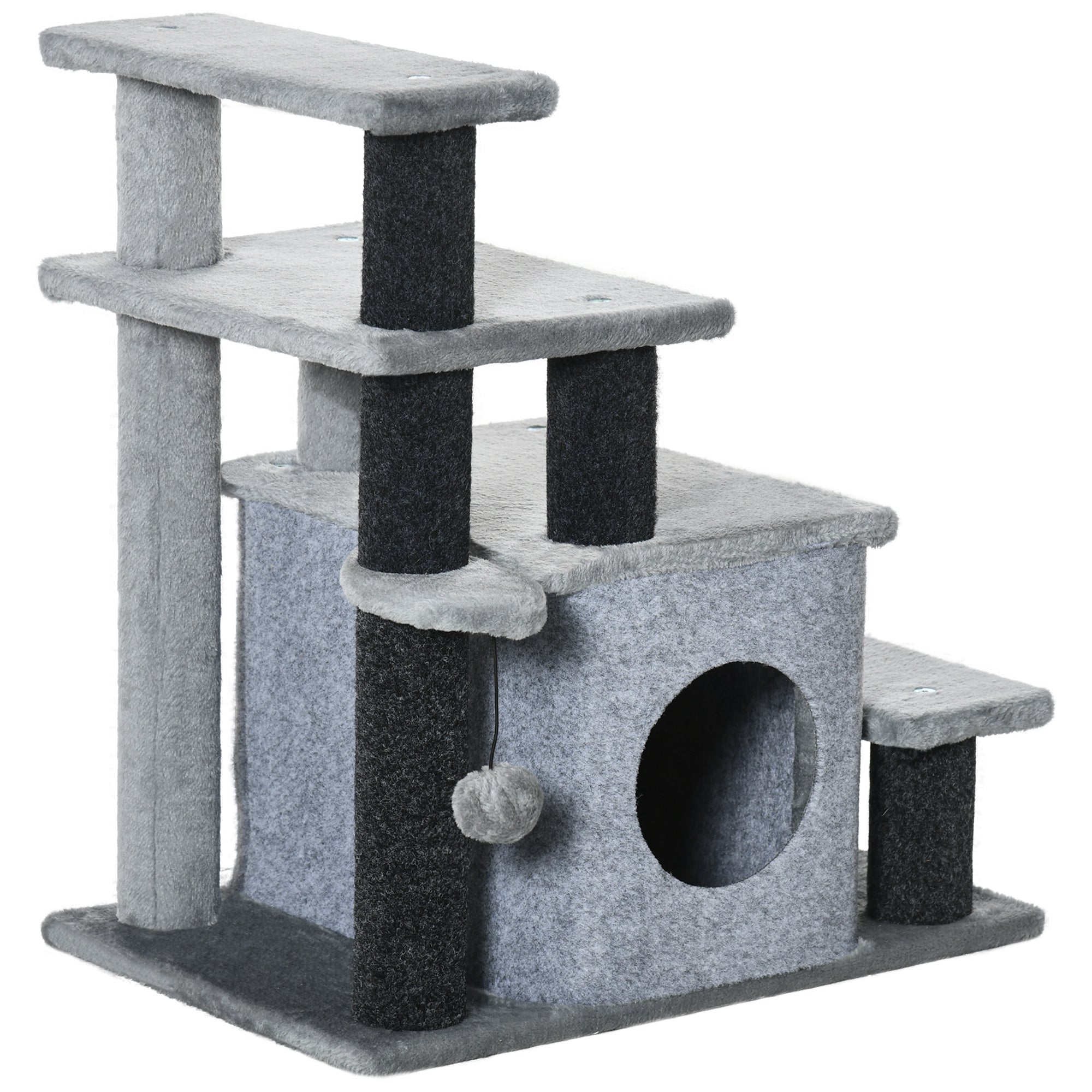 PawHut 4 Step Pet Stairs with Cat House, Scratching Post, Cat Climb ...