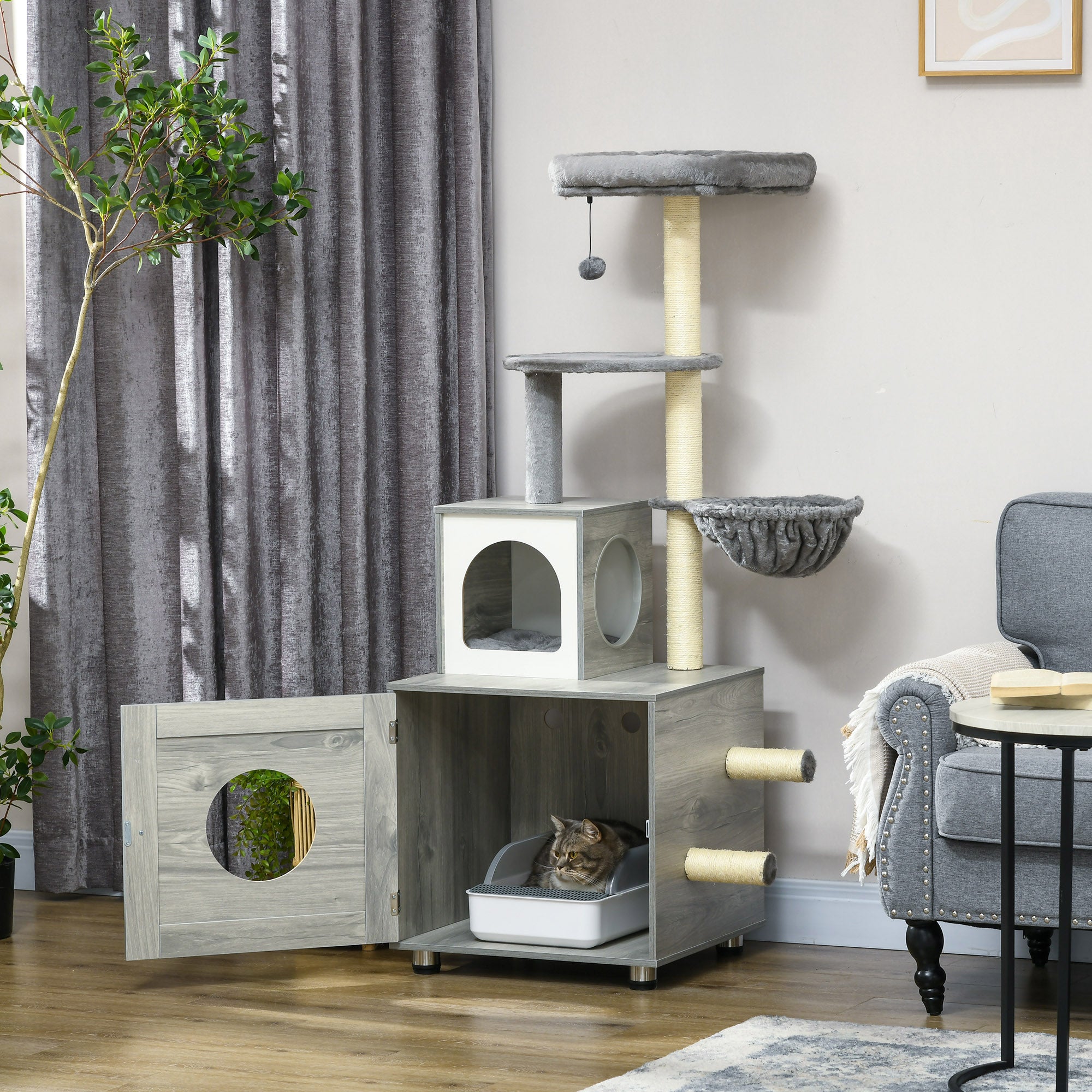 PawHut Cat Tower with Litter Box Enclosure, Cat Tree for Indoor Cats ...