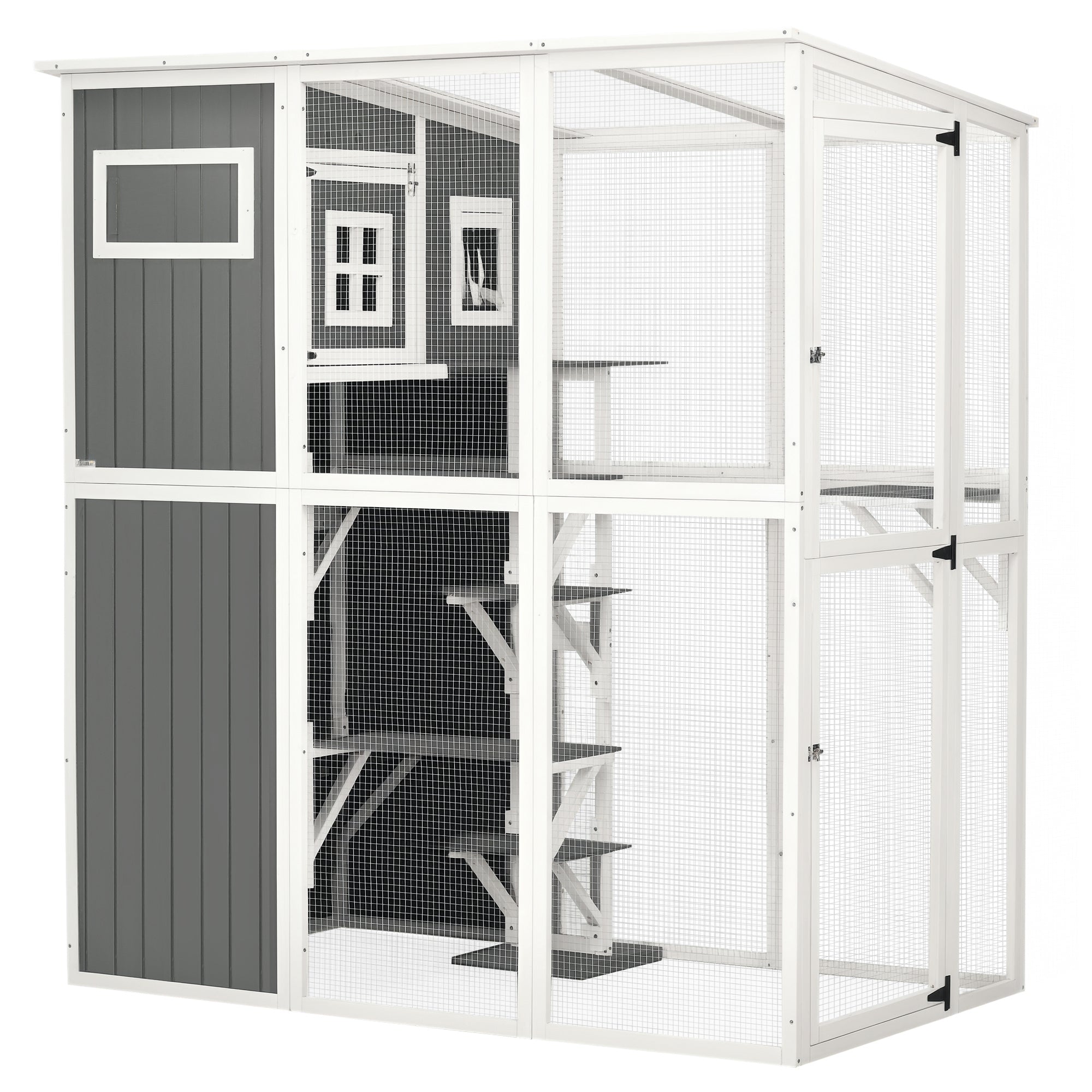 PawHut Wooden Cat Catio, 66.5"L Walk in Outdoor Cat House with PVC ...