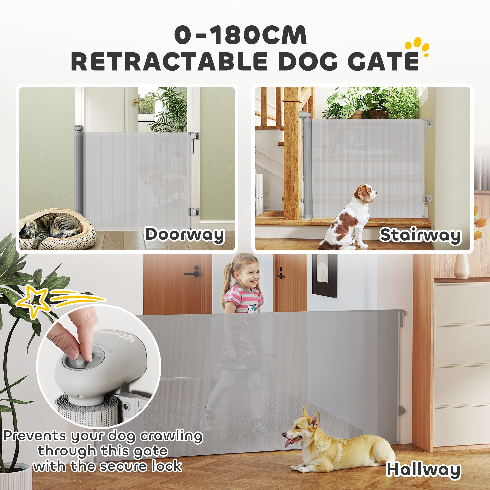 PawHut Retractable Dog Gate, Extra Wide Stair Gate Extends Up to 180 cm ...