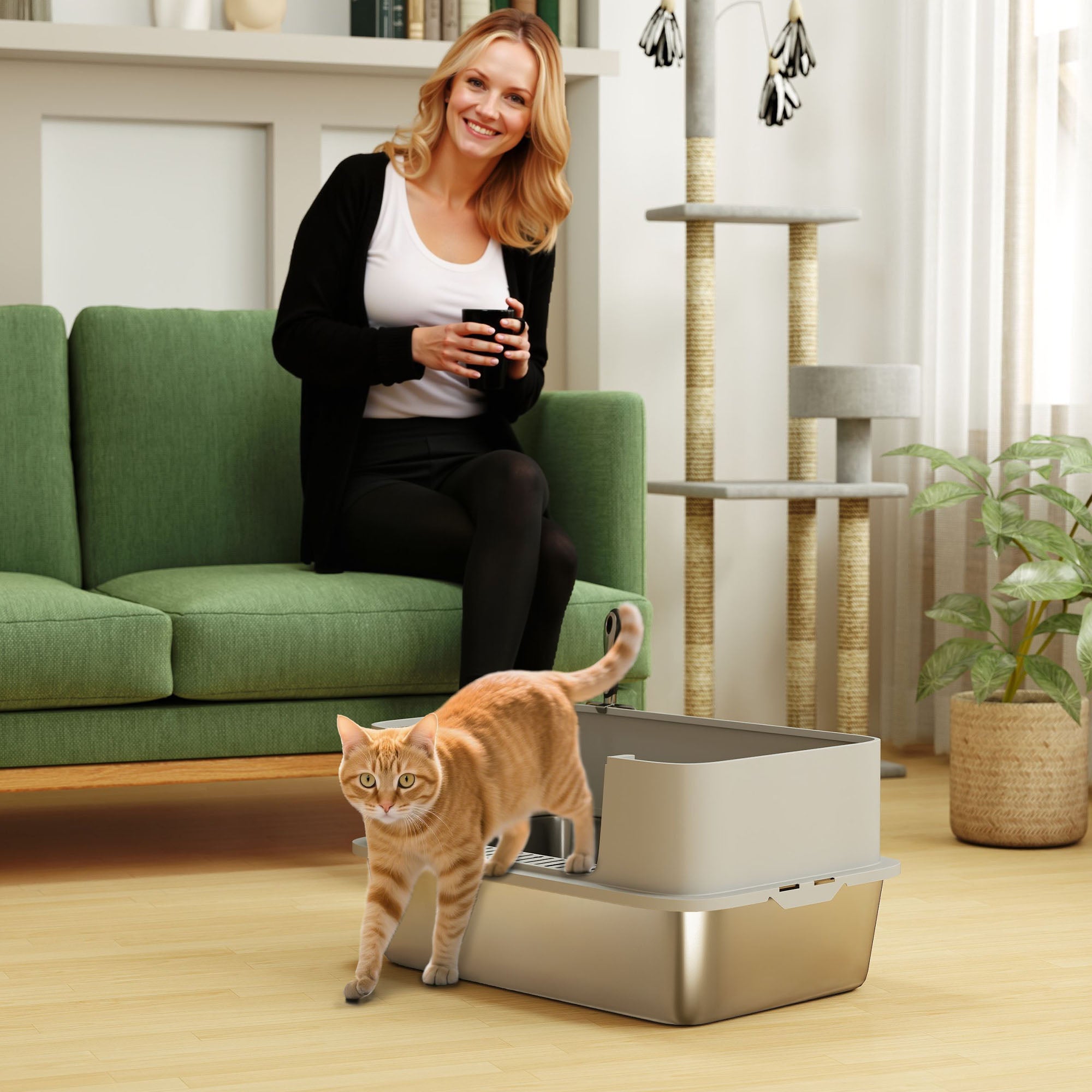 PawHut Stainless Steel Cat Litter Box, XL High Sided Cat Litter Box ...
